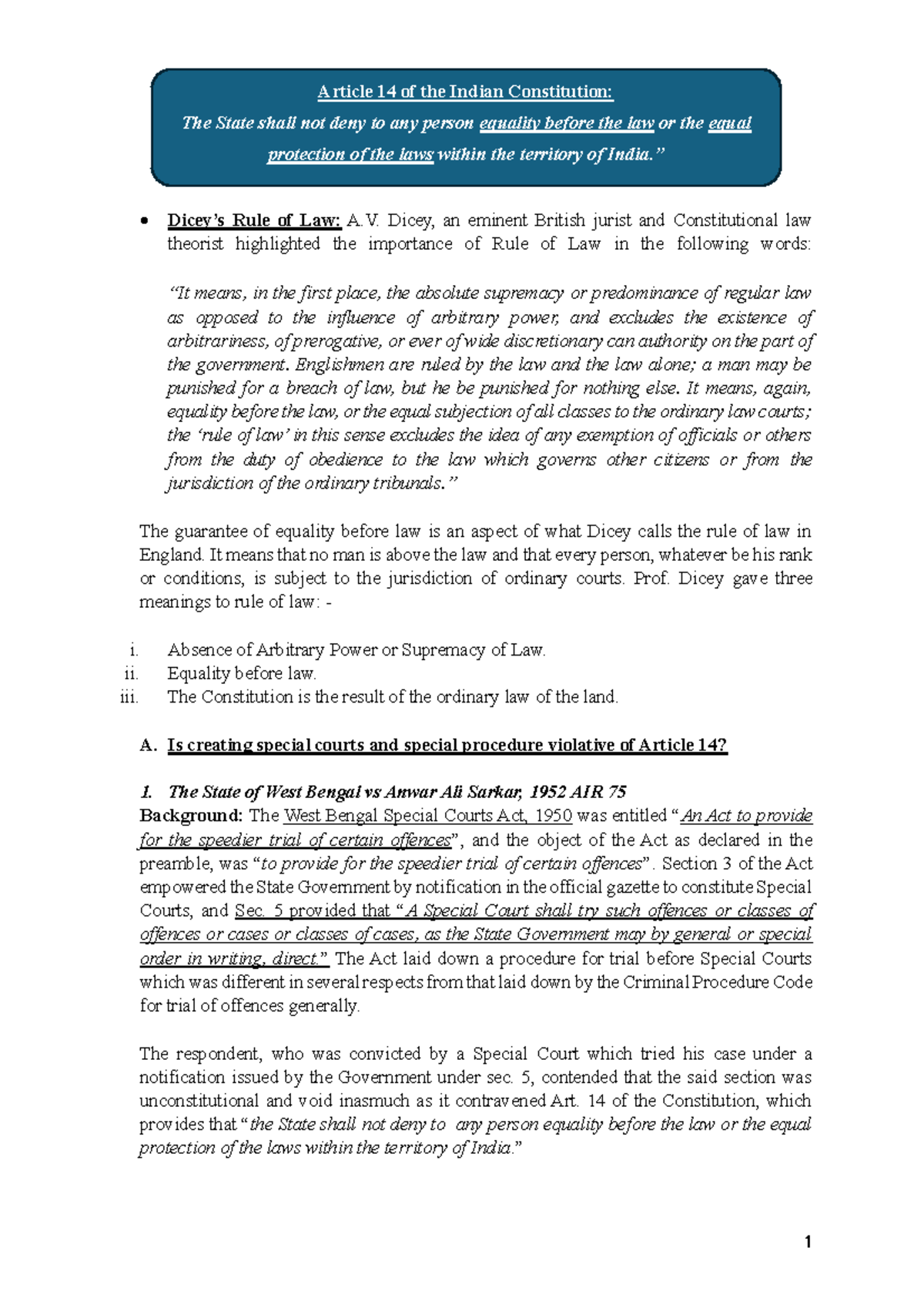 Article 14 - Imp - Dicey’s Rule of Law: A. Dicey, an eminent British ...