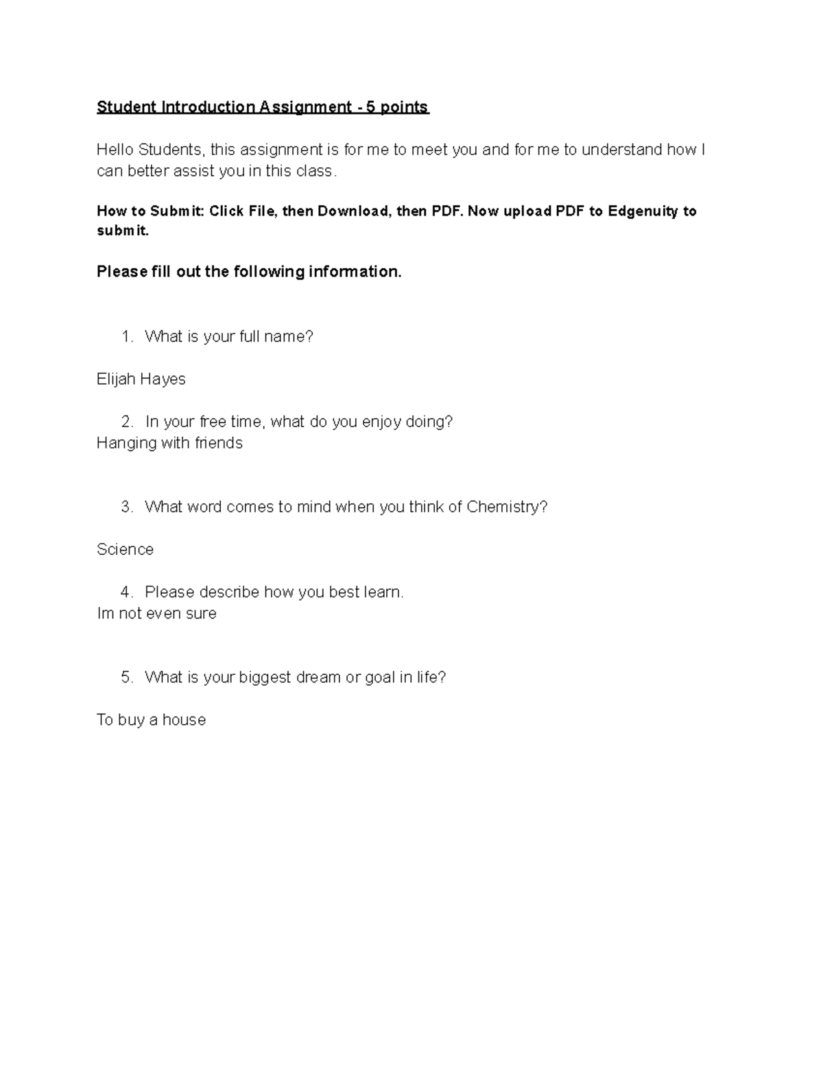 Copy of Student Introduction Assignment - Student Introduction ...