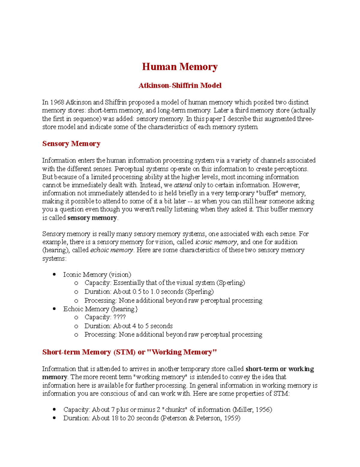 Cognitive Psychology 1 - Human Memory Atkinson-Shiffrin Model In 1968 ...