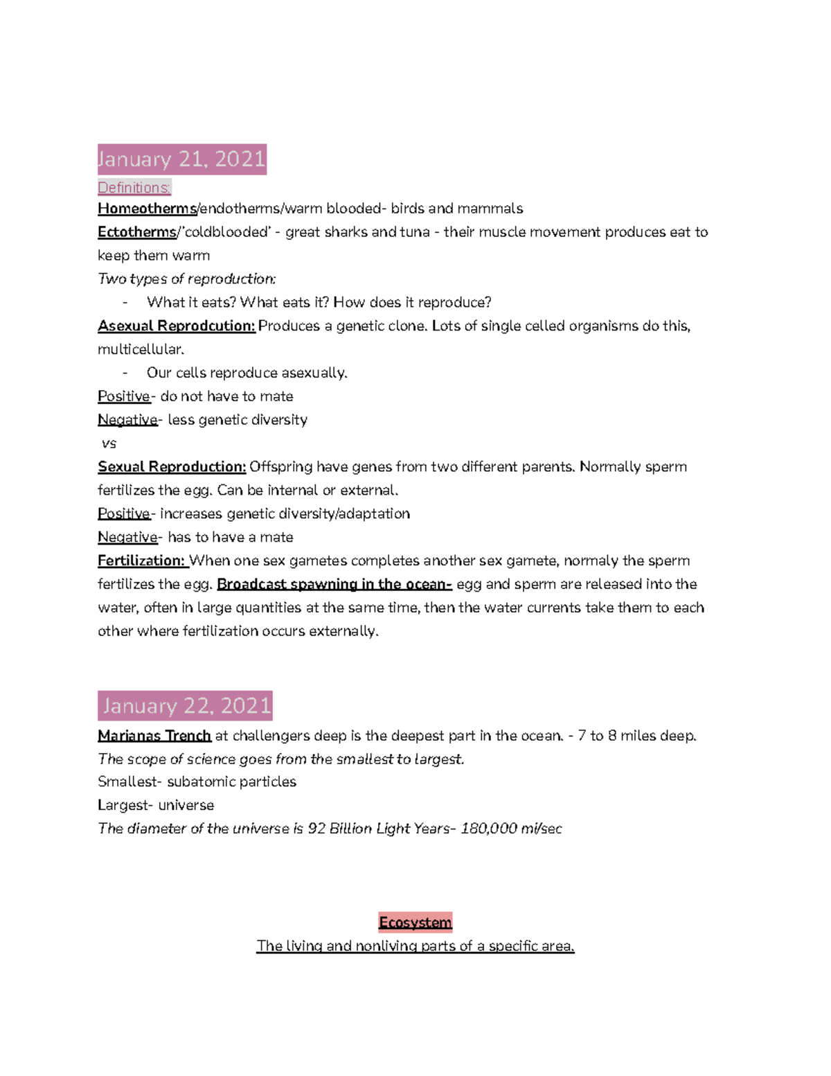 Marine science notes - January 21, 2021 Definitions: Homeotherms ...