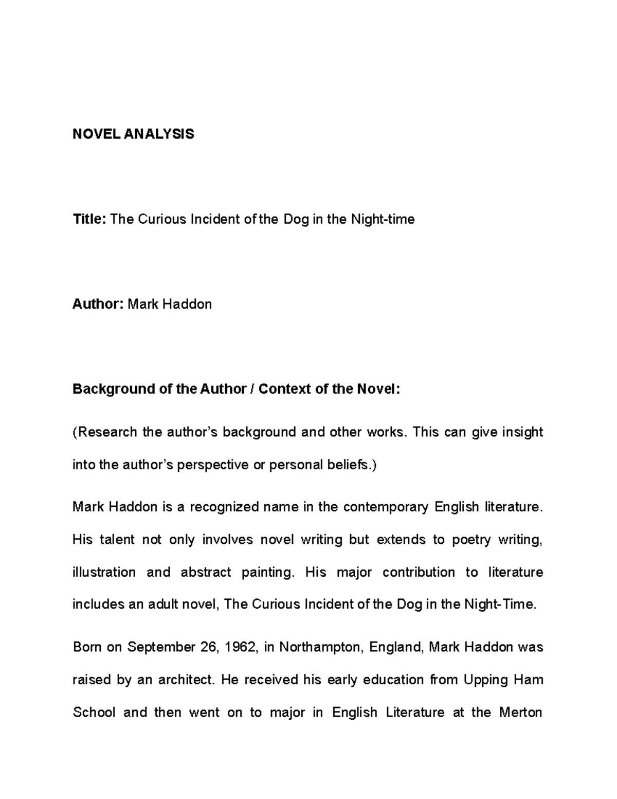 Analysis of The Curious Incident of the Dog in the Night-time - NOVEL ...
