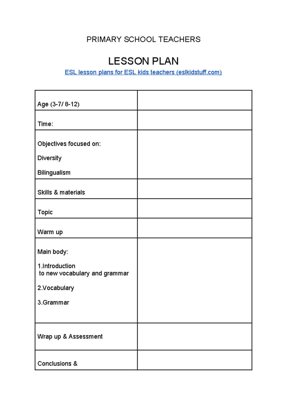 Lesson PLAN, Instructions AND Final Template - PRIMARY SCHOOL TEACHERS ...