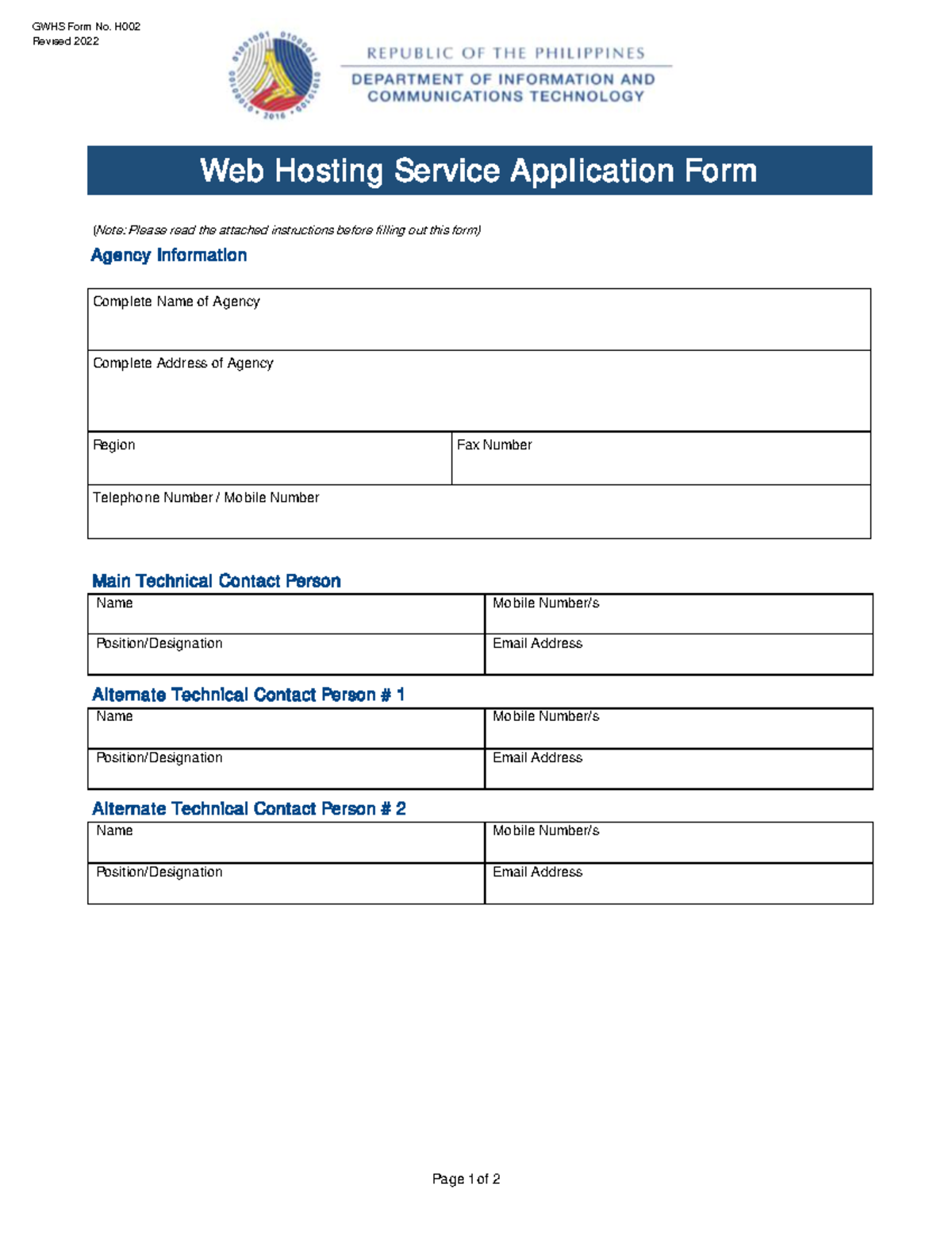 GWHS-Web Hosting H002 - ( Note: Please read the attached instructions ...
