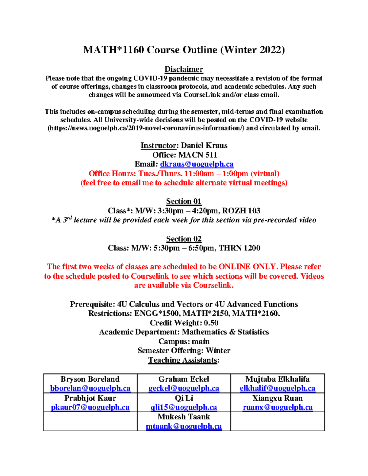 1160-outline-W22 - This is the course outline for math 1160 - Math 1160 ...