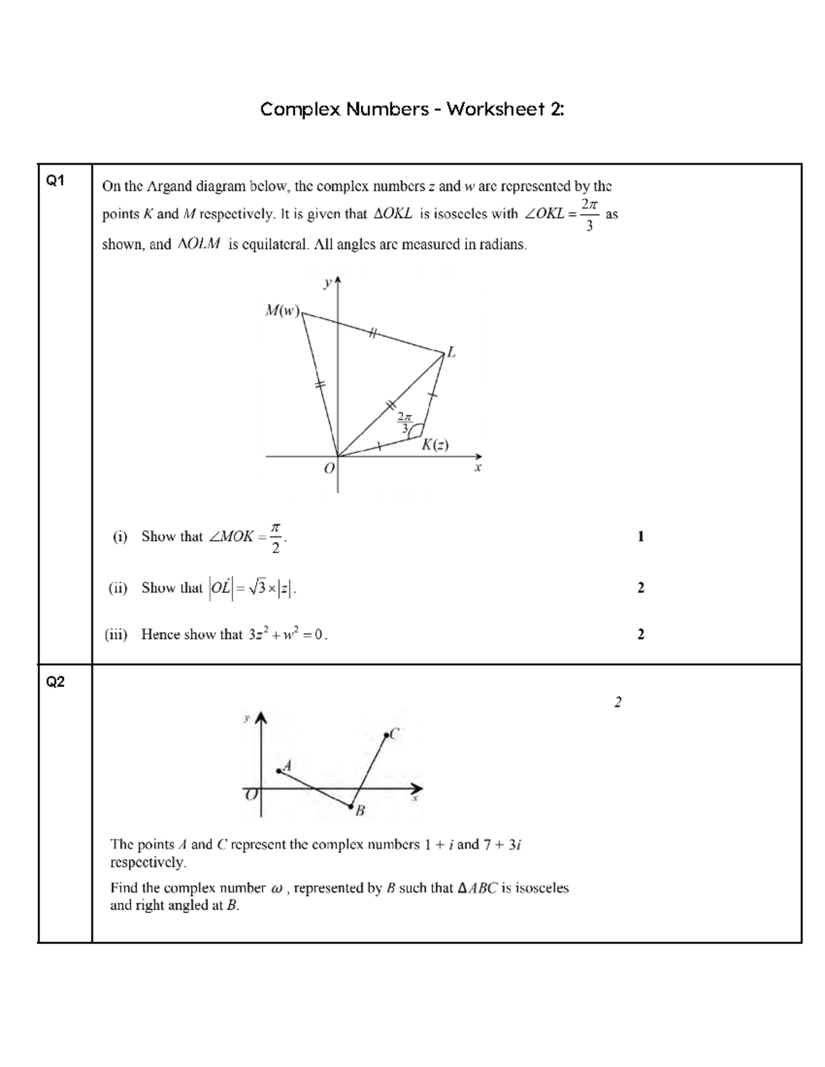 Complex WS 2 - Complex Numbers - Worksheet 2: Q Q Q Q - Studocu