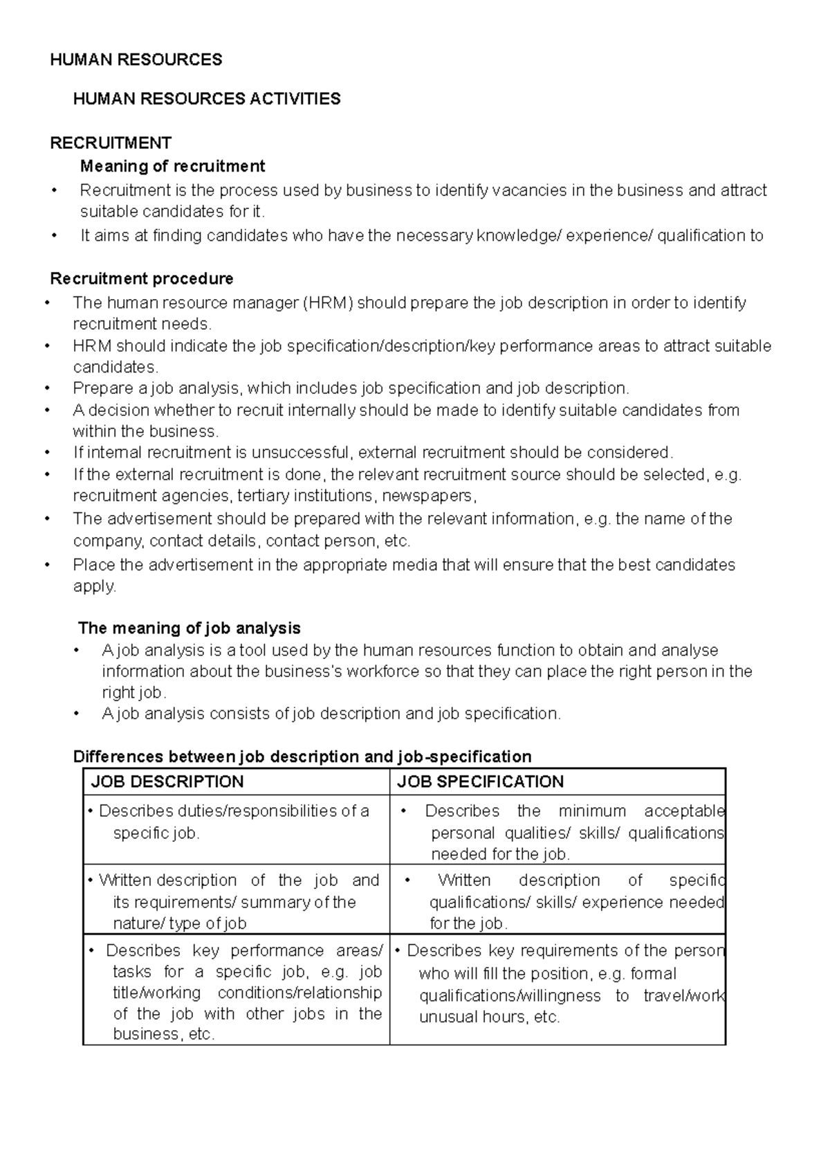 HR grade 12 Business studies notes - HUMAN RESOURCES HUMAN RESOURCES ...