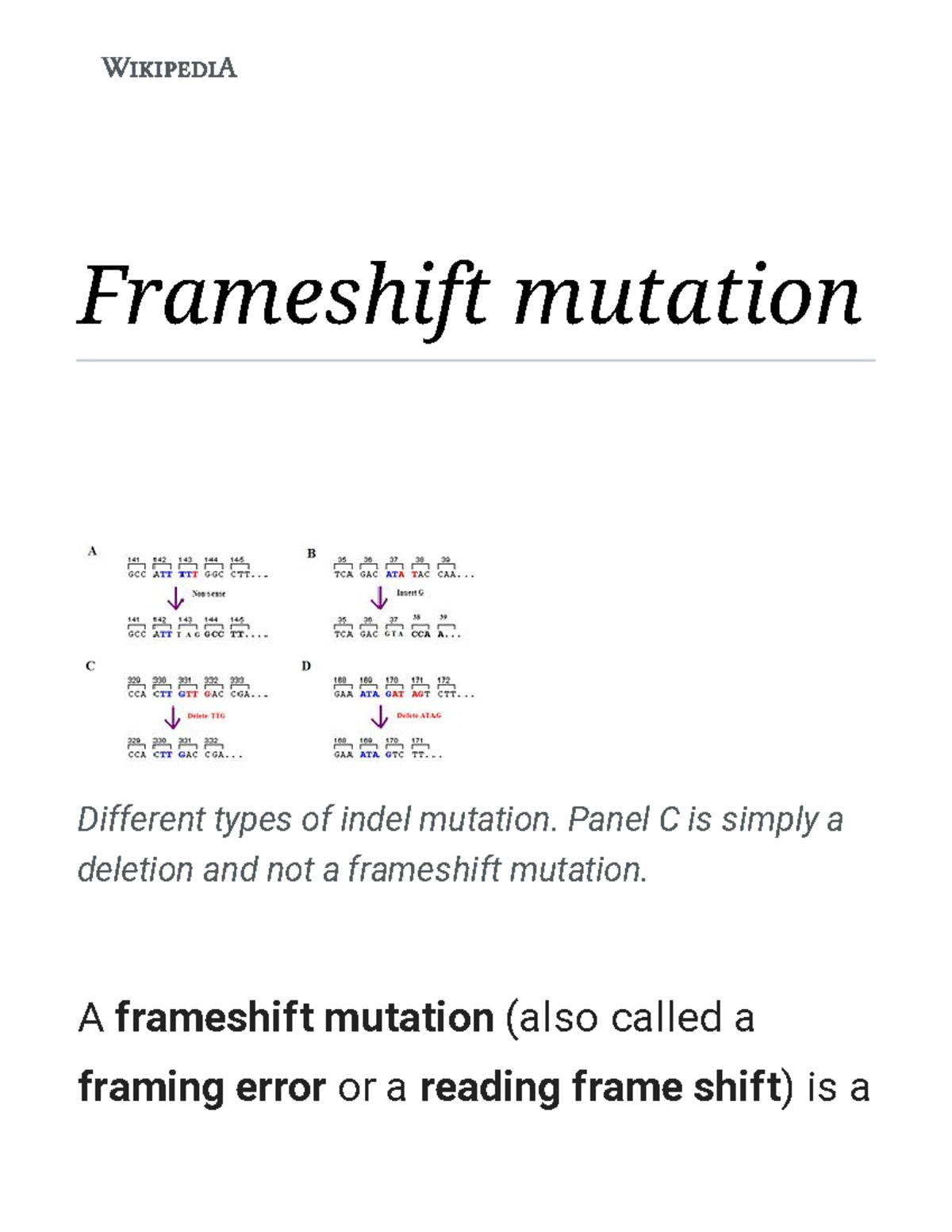 Frameshift mutation - Wikipedia - Frameshift mutation A frameshift ...