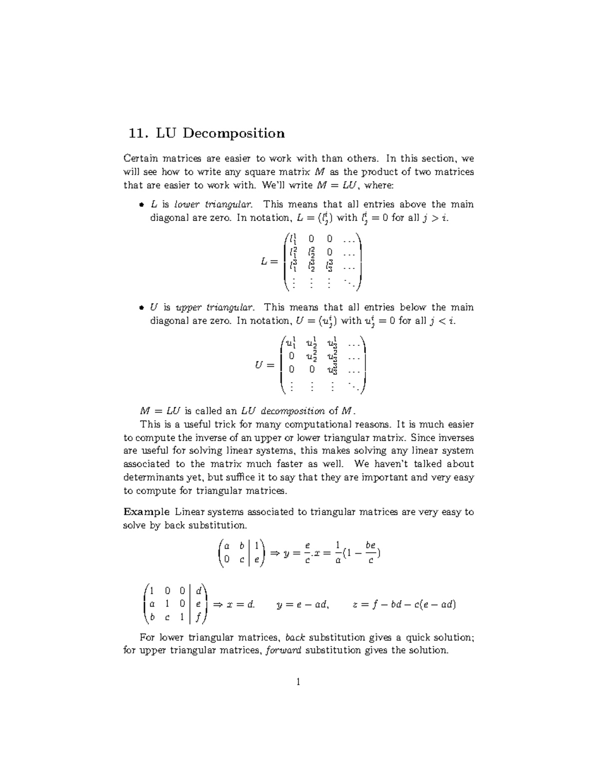 Notes 11 - lecture note - 11. LU Decomposition Certain matrices are ...