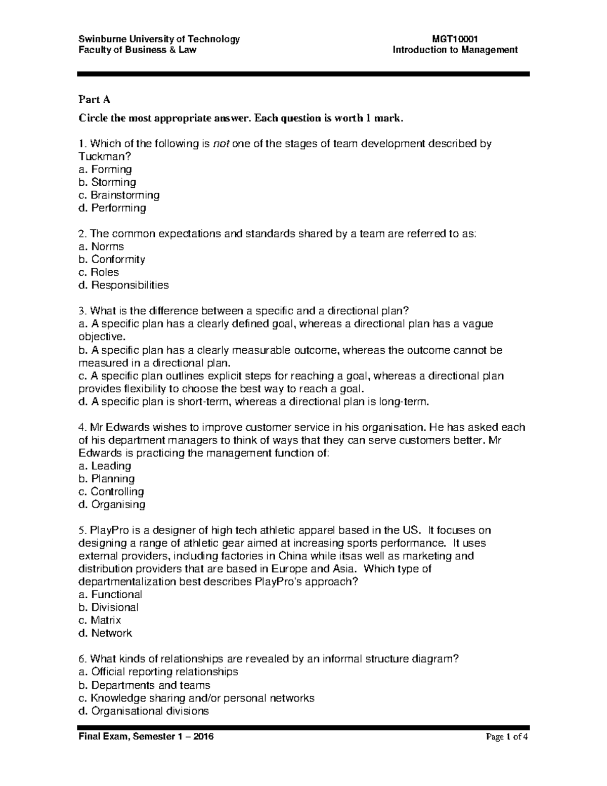 Sample/practice Exam 2014, Questions - Faculty of Business & Law ...