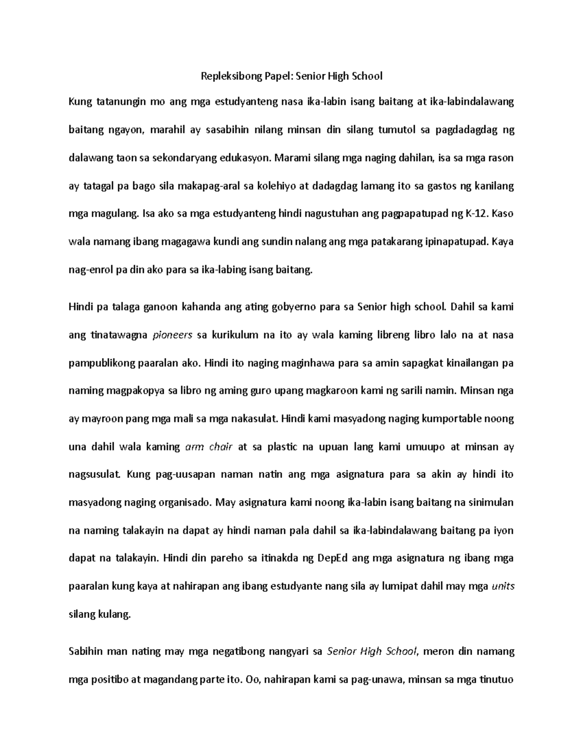 Reflection - Repleksibong Papel: Senior High School - Akademiko Sa ...