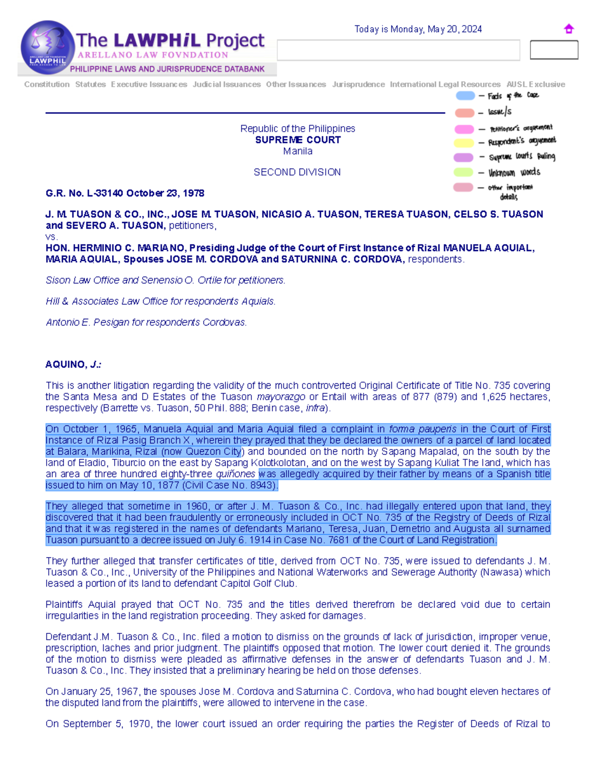 A. JM Tuason and Co v. Mariano - Constitution Statutes Executive ...