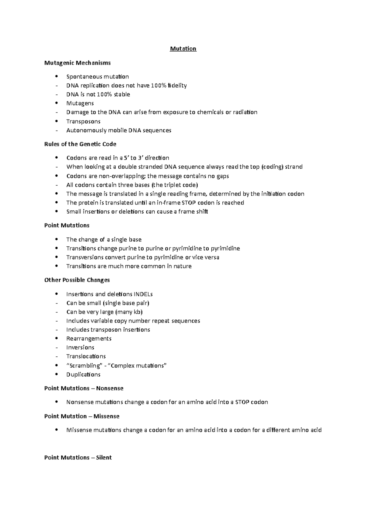 Mutation - Lecture notes 1 - Mutation Mutagenic Mechanisms Spontaneous ...