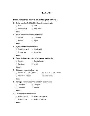 MCQs (Resins) - nill - RESINS Select the correct answer out of the ...