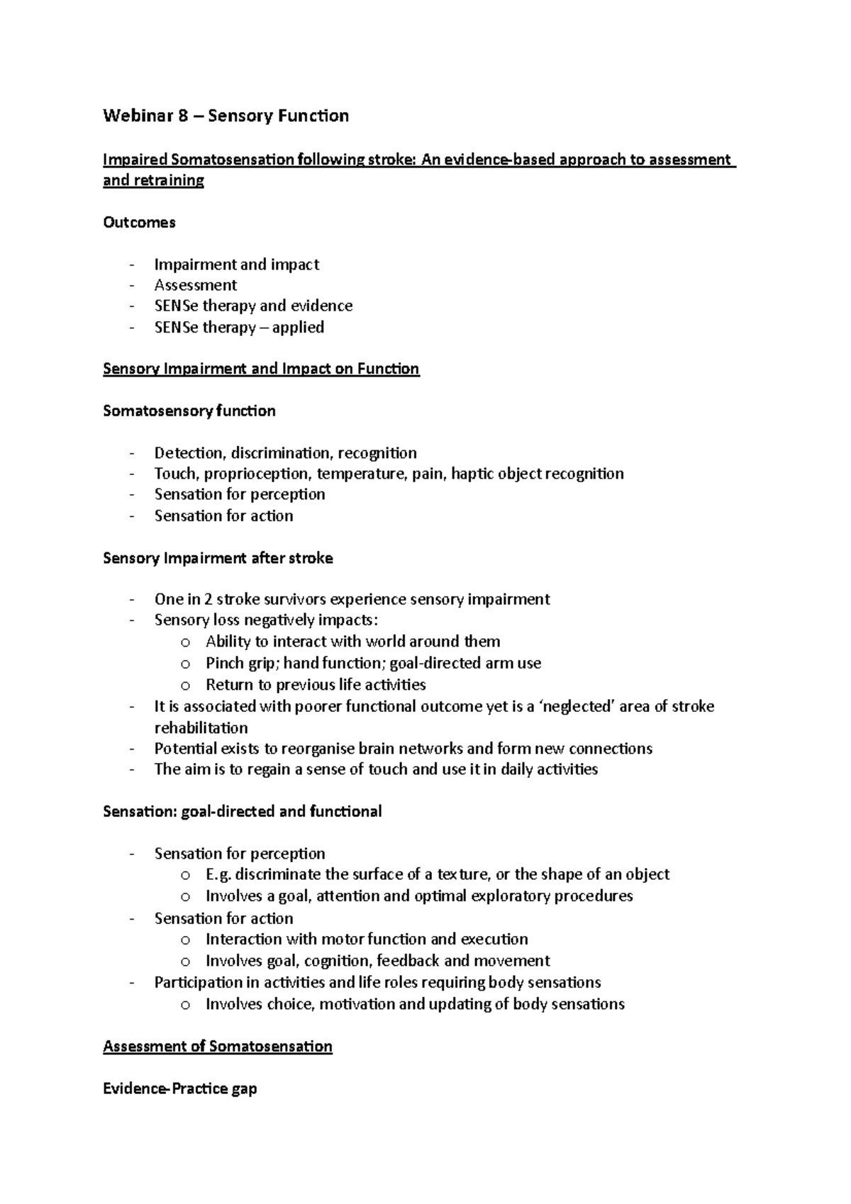 Webinar 8 – Sensory Function - Webinar 8 – Sensory Function Impaired ...