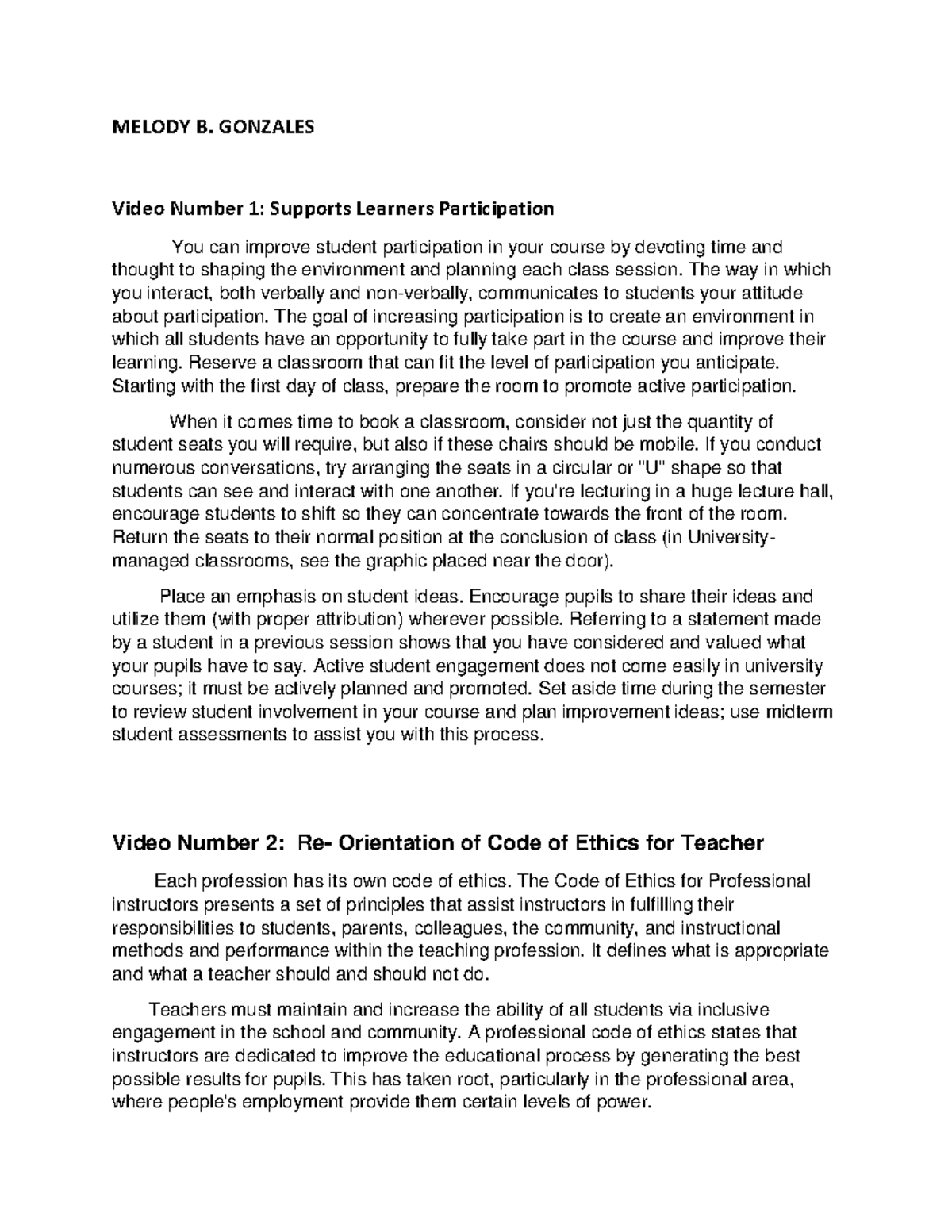 Reflection - sample - MELODY B. GONZALES Video Number 1: Supports ...