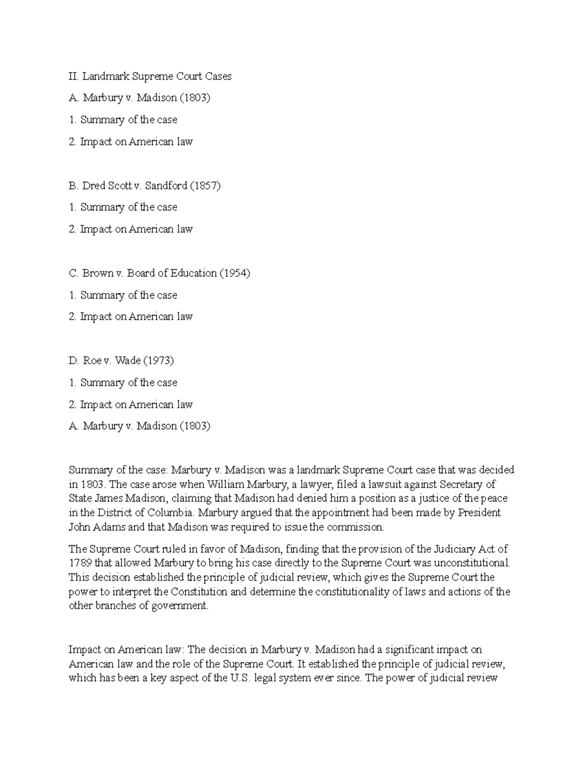 Landmark Supreme Court cases 2 - II. Landmark Supreme Court Cases A ...