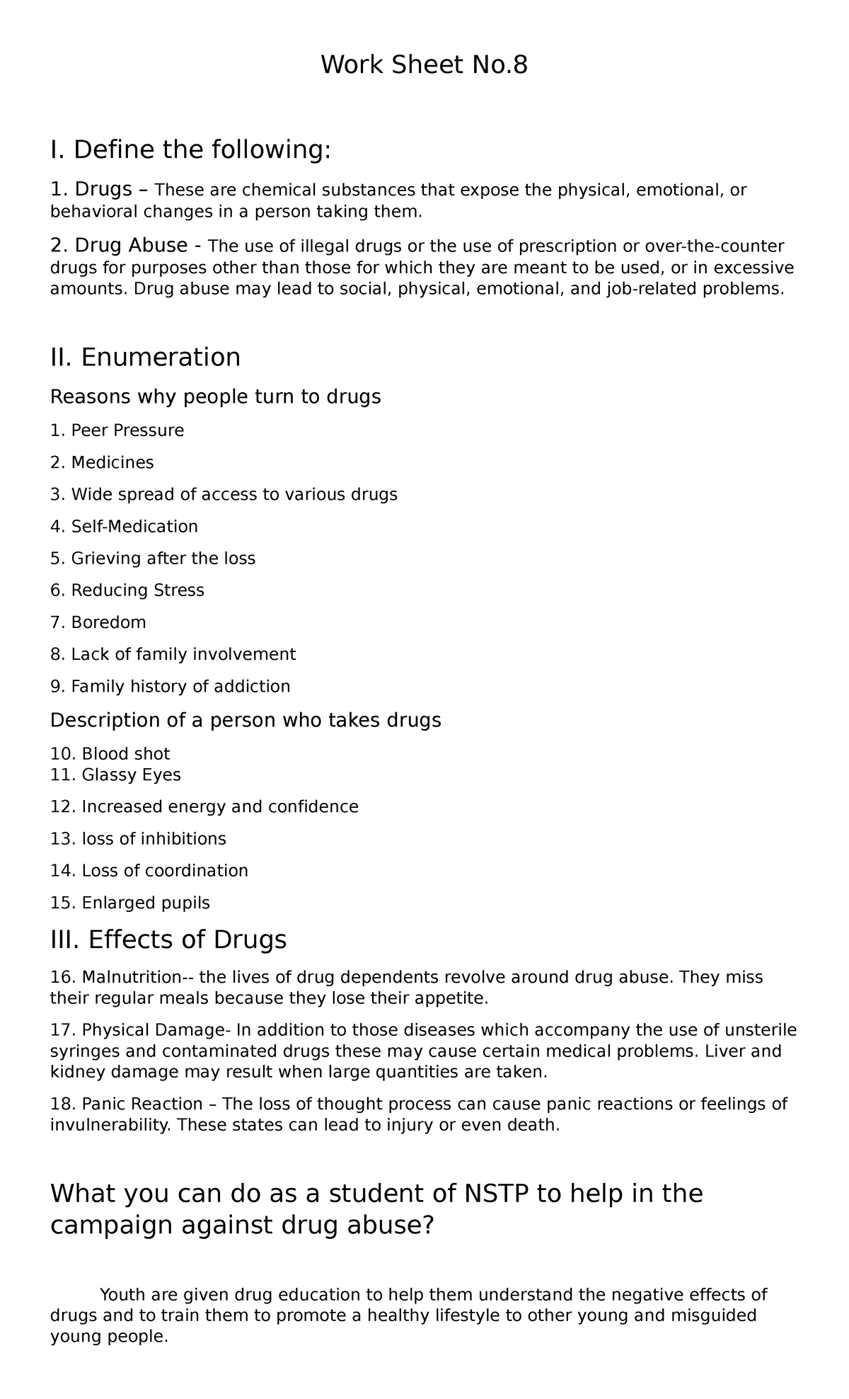 NSTP CWTS Drugs Activity - Work Sheet No. I. Define the following: 1 ...