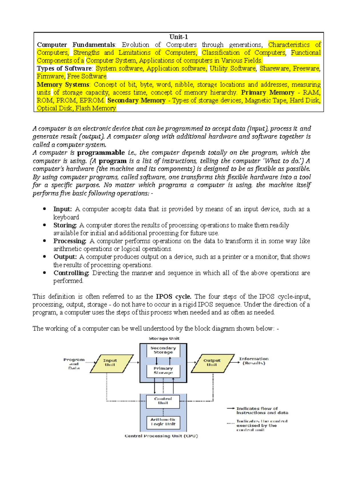 FOCS-UNIT-1 - Unit- Computer Fundamentals: Evolution of Computers through generations, - Studocu