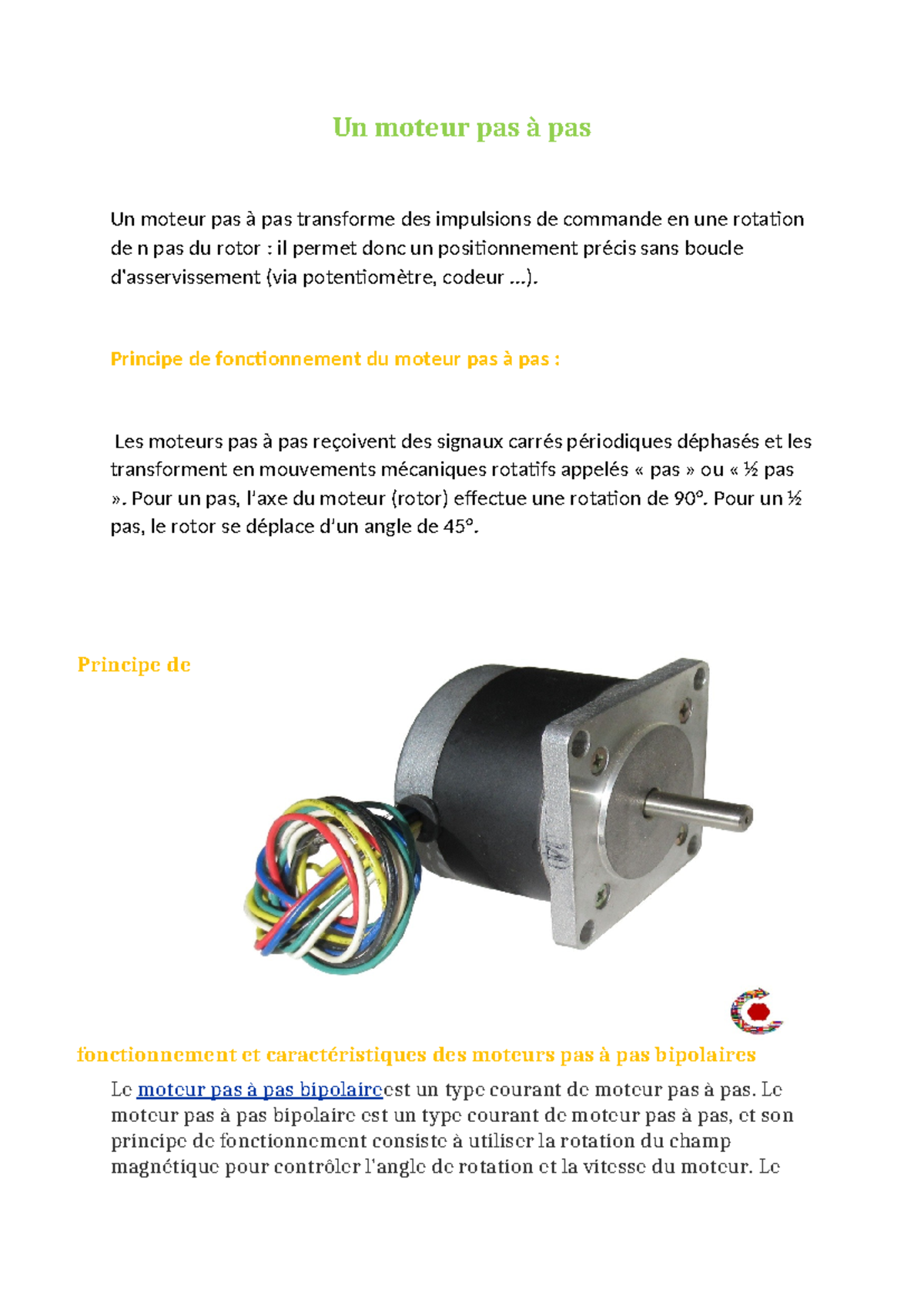 Un moteur pas à pas - ..). Principe de fonctionnement du moteur pas à pas : Les moteurs pas à ...