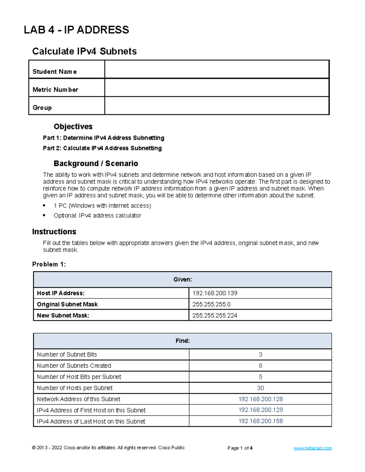 Lab The Ability To Work With Ipv4 Subnets And Determine Network And Host Information 2013