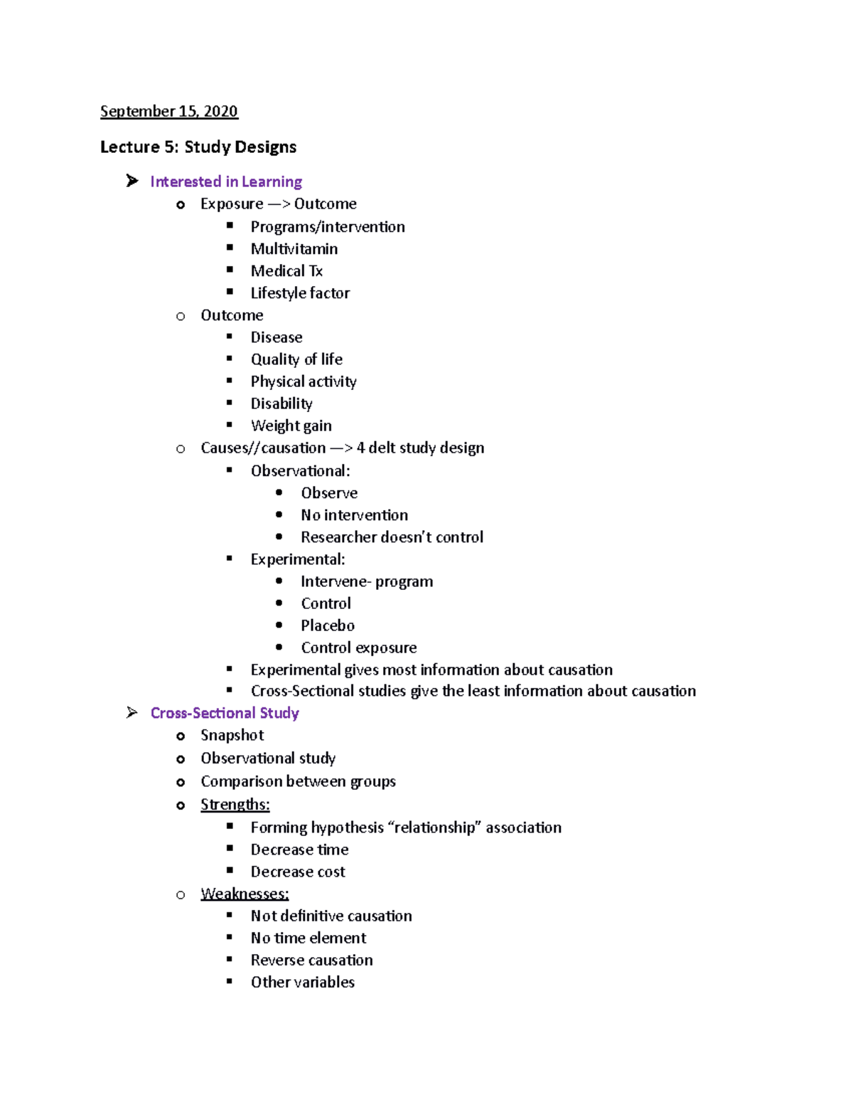 Lecture 5- Study Designs - September 15, 2020 Lecture 5: Study Designs ...
