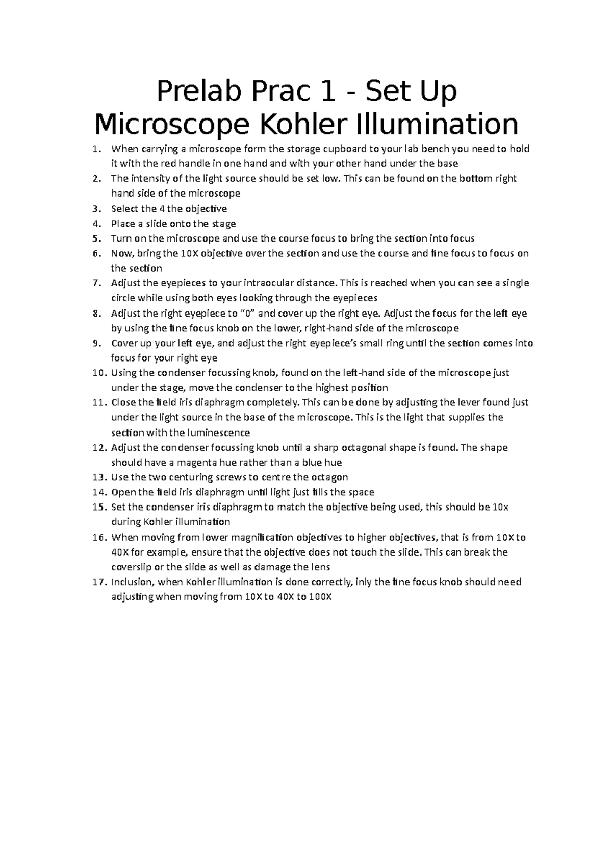 Prelab Prac 1 - Set Up Kohler Microscope - Prelab Prac 1 - Set Up ...