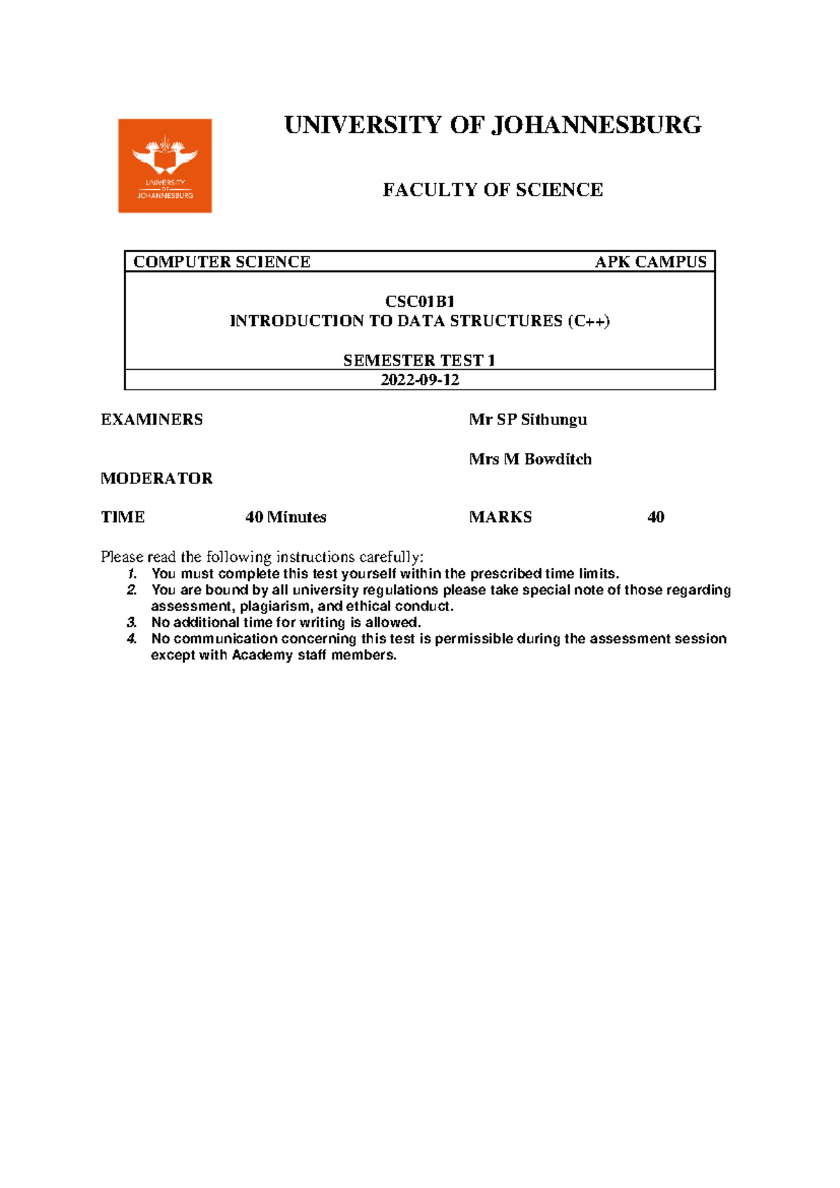 CSC1B 2022 ST1 SSA - Past paper - UNIVERSITY OF JOHANNESBURG FACULTY OF SCIENCE COMPUTER SCIENCE ...