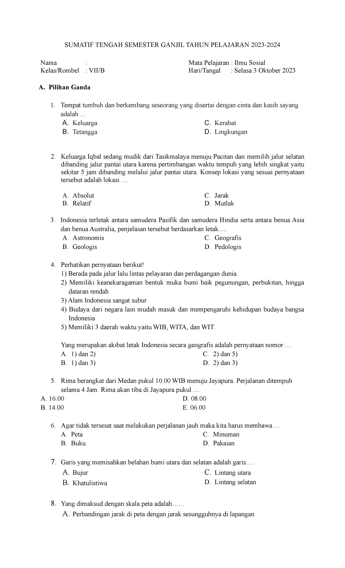 SOAL STS Ganjil 2023-2024 IPS Kelas VII (Autosaved) - SUMATIF TENGAH SEMESTER GANJIL TAHUN ...