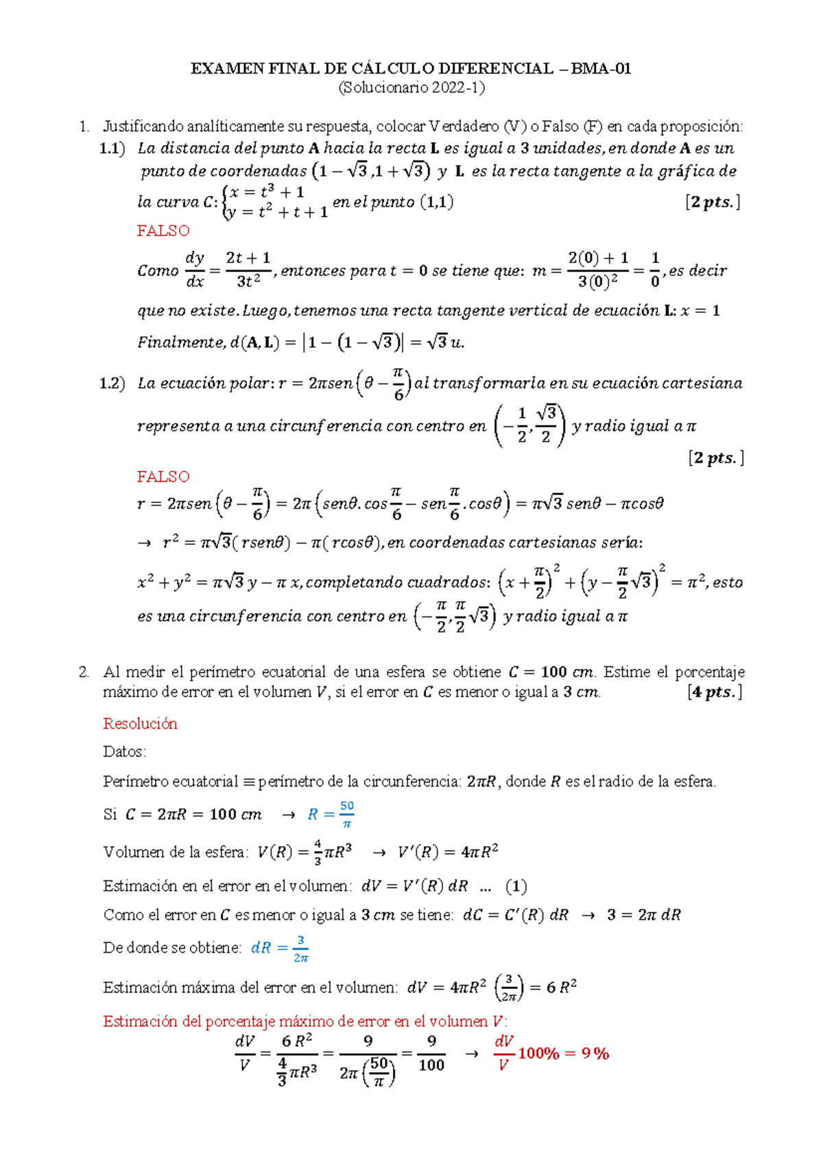 EF (Sol. 2022-1) - Examen final de calculo diferencial - EXAMEN FINAL DE CÁLCULO DIFERENCIAL ...