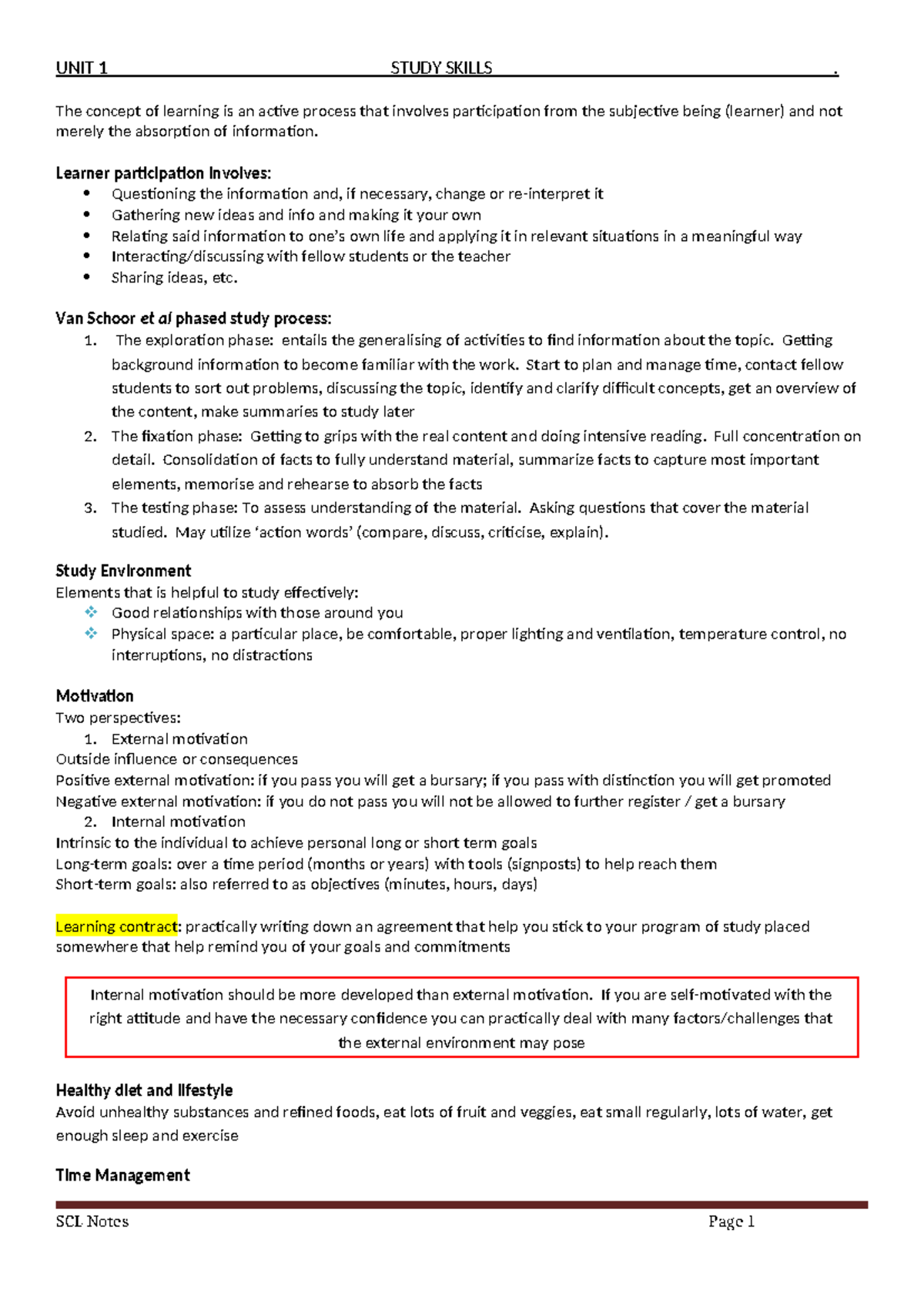 SCL1501-study notes - UNIT 1 STUDY SKILLS. The concept of learning is ...