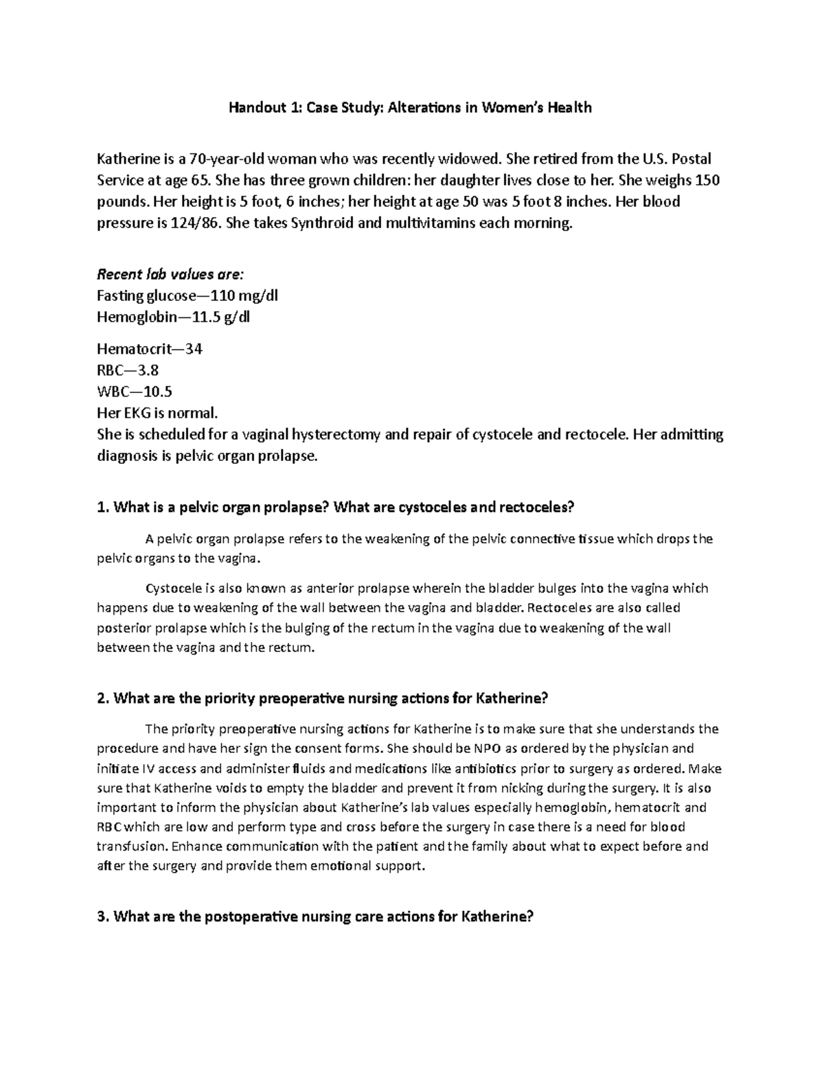 OB Case Study - Women's Health - Handout 1: Case Study: Alterations in ...