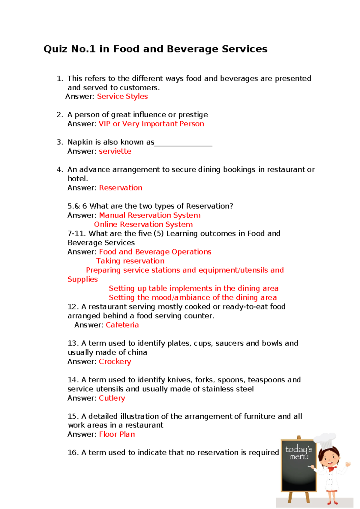 Terminologies in Food and Beverage Services - Quiz No in Food and ...