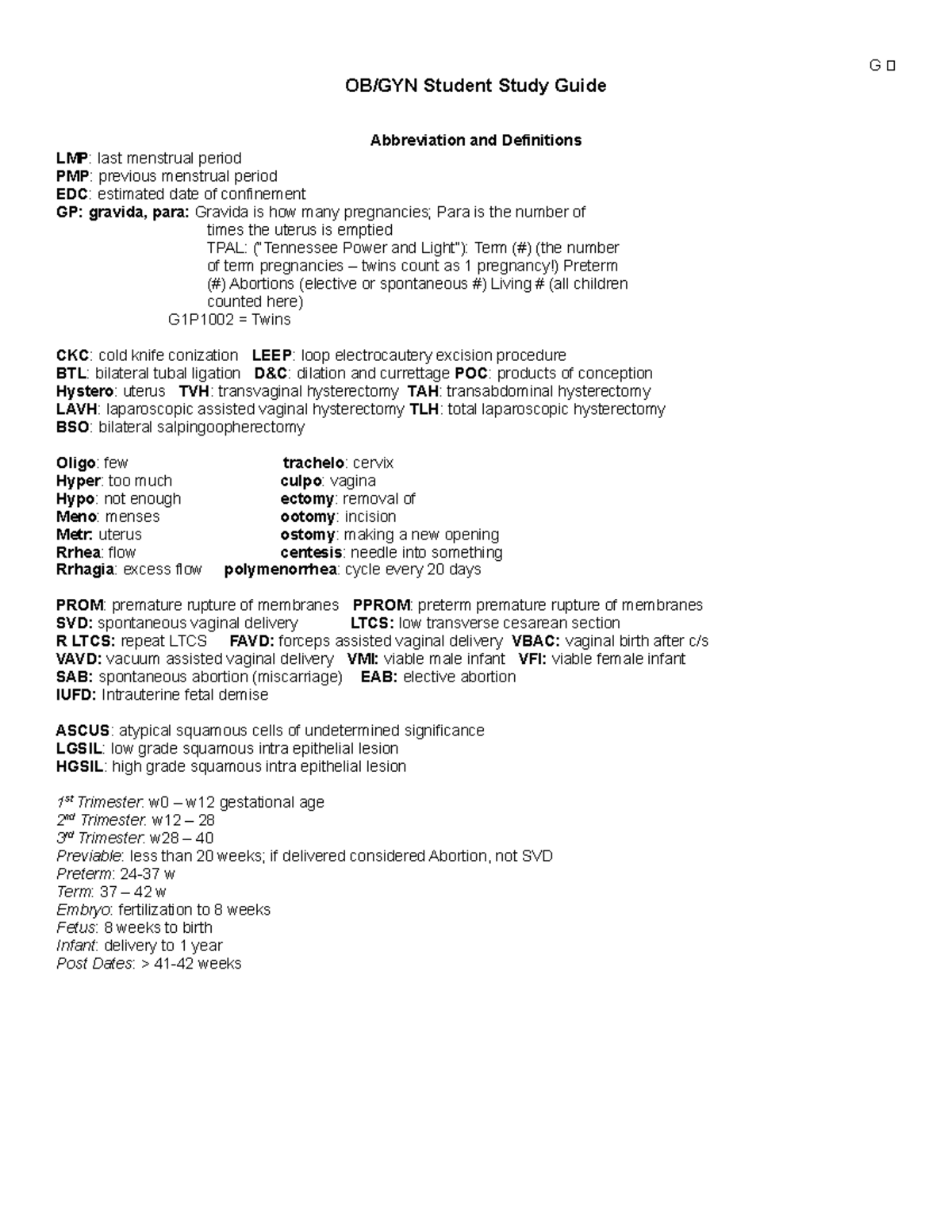 OB SG - practice - OB/GYN Student Study Guide Abbreviation and ...