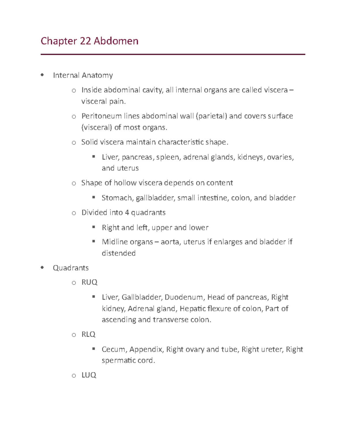 Chapter 22 Abdomen Notes - Chapter 22 Abdomen Internal Anatomy o Inside ...