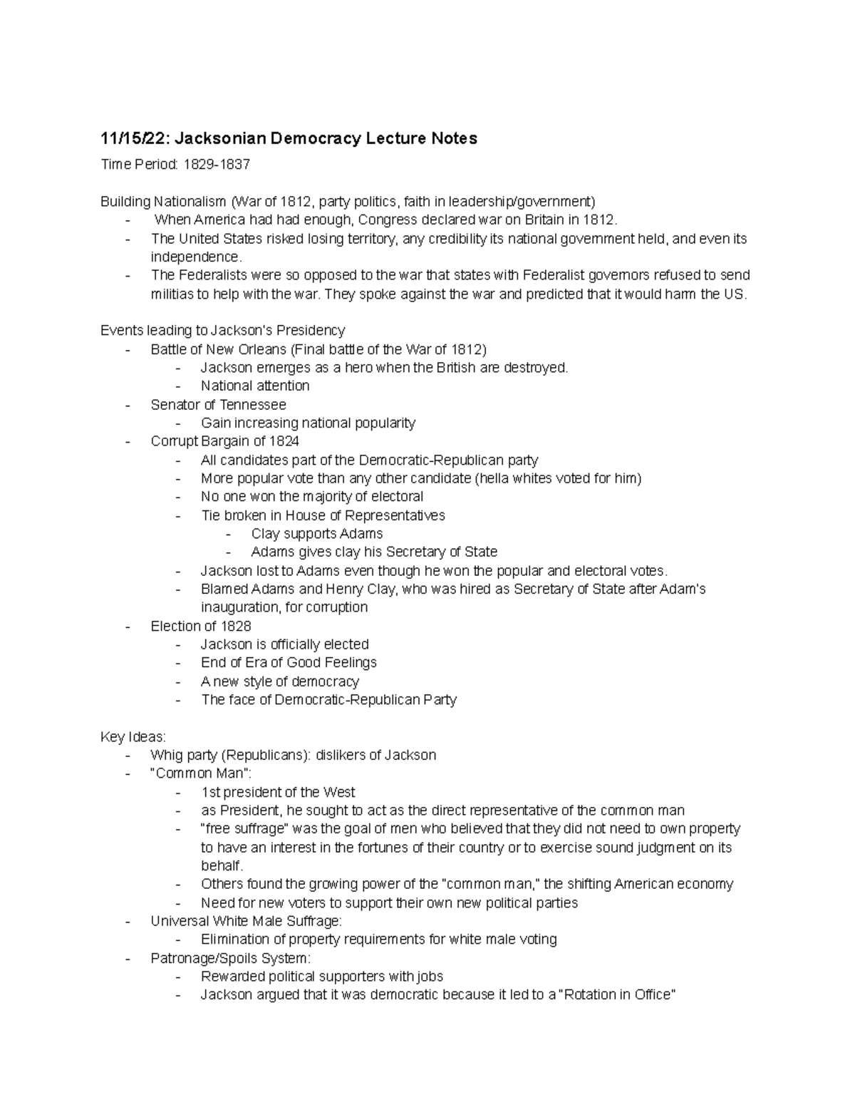 Andrew Jackson Jacksonian Democracy Notes (1829-1837) - 11/15/22 ...