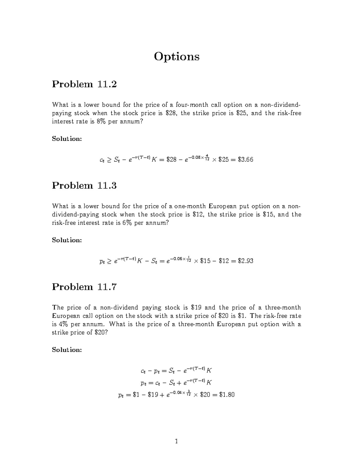 Practice Problems with Solutions - Options - Options Problem 11. What is a lower bound for the ...