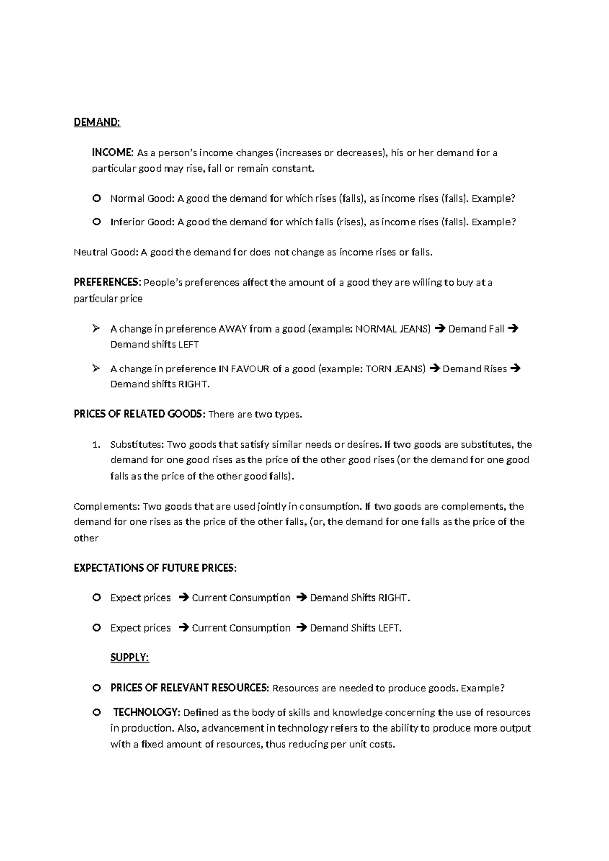 Demand& Supply Factors - DEMAND: INCOME: As a person’s income changes ...