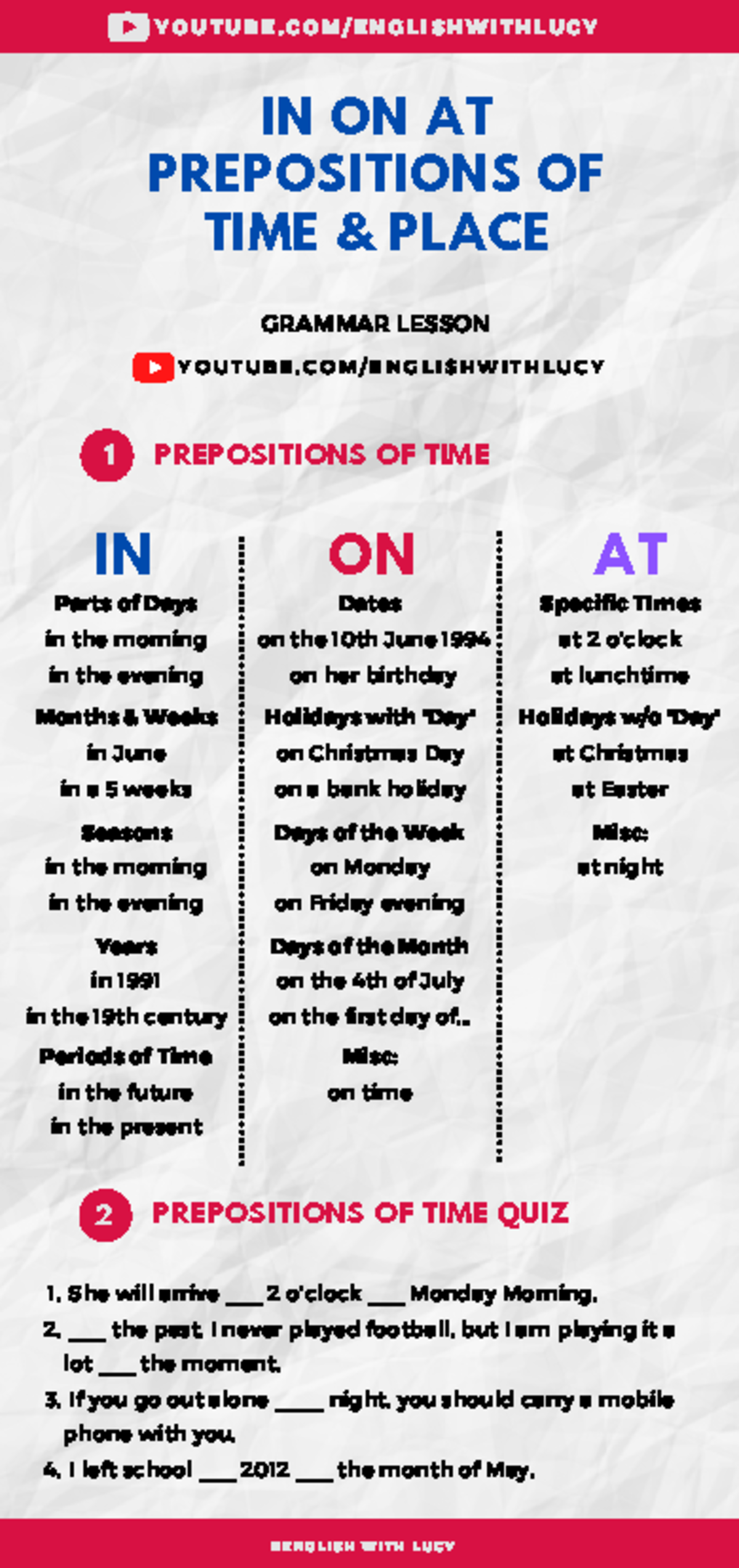 IN ON AT Practice Questions - IN ON AT PREPOSITIONS OF TIME & PLACE ...