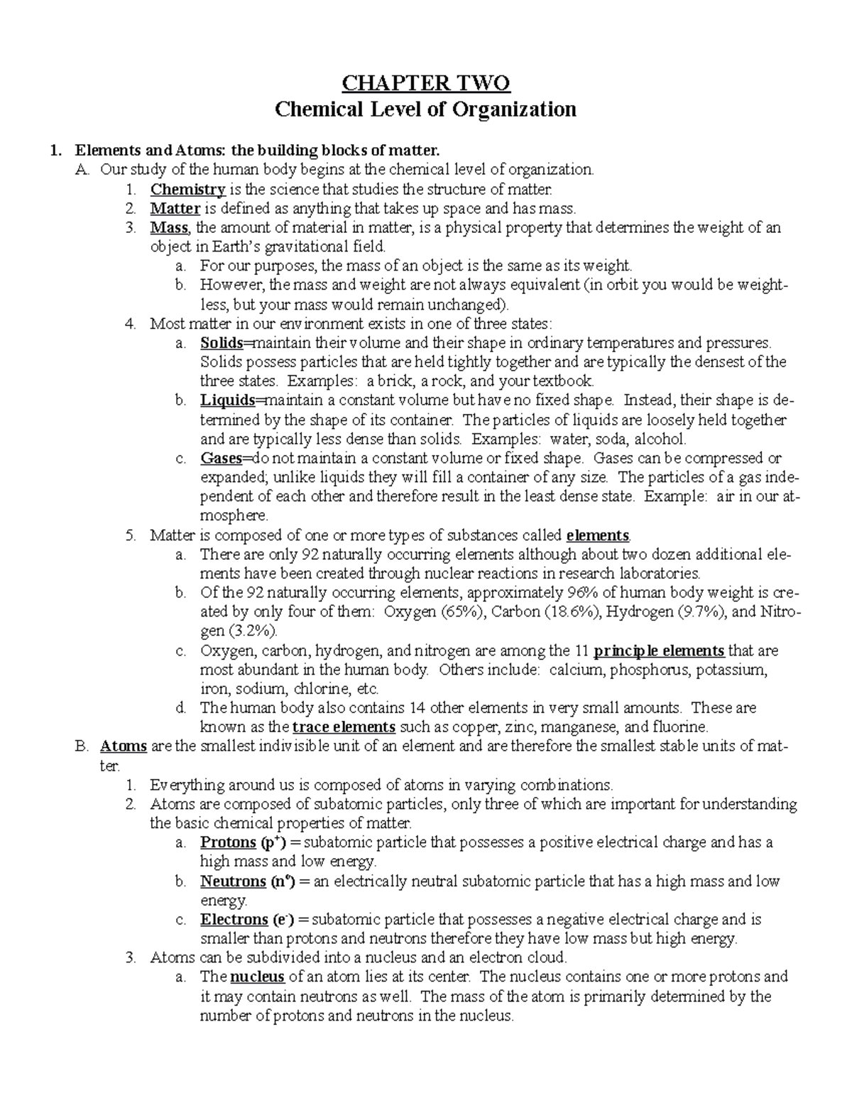 Chapter 2 Outline - anatomy - CHAPTER TWO Chemical Level of ...