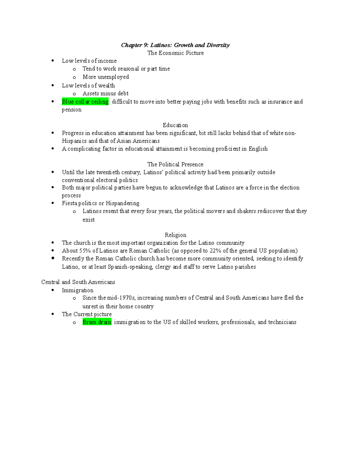Chapter 9 Notes - Latinos: Growth and Diversity. Taught by Georgios ...