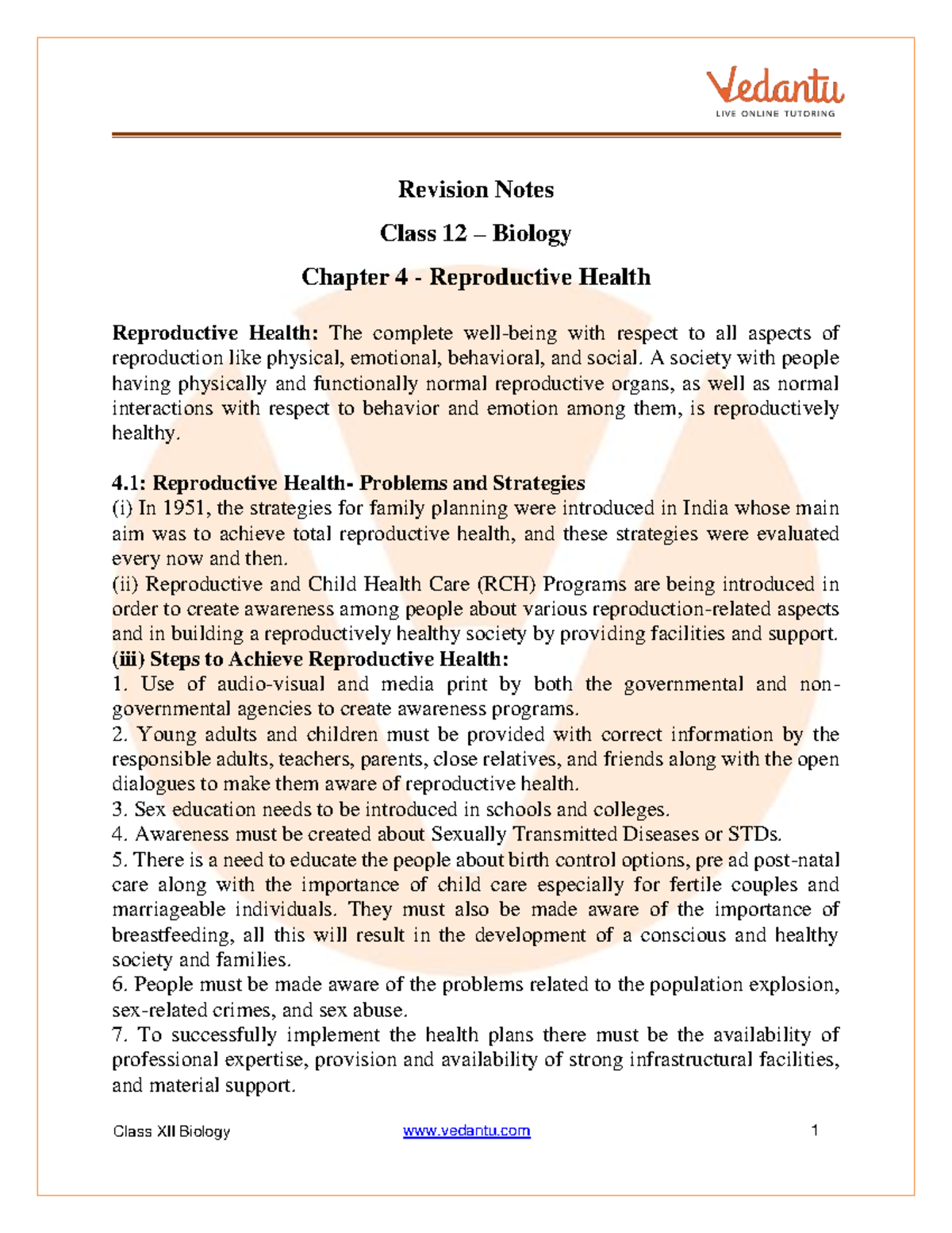 Reproductive Health Class 12 Notes CBSE Biology Chapter 4 [PDF ...