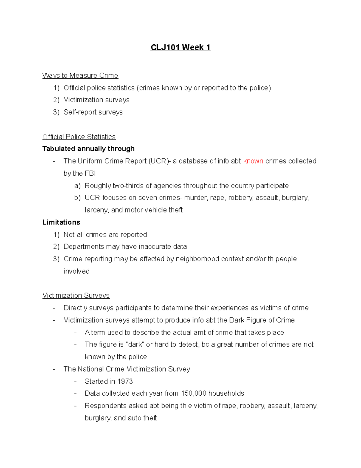 CLJ Notes 01/25 - CLJ101 Week 1 Ways to Measure Crime 1) Official ...