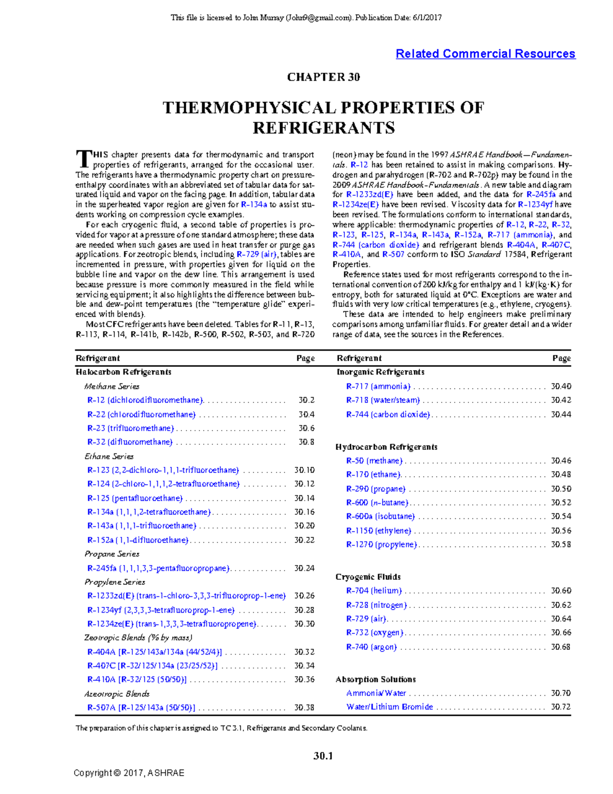 Physical Properties OF Refrigerant - 30. CHAPTER 30 THERMOPHYSICAL ...