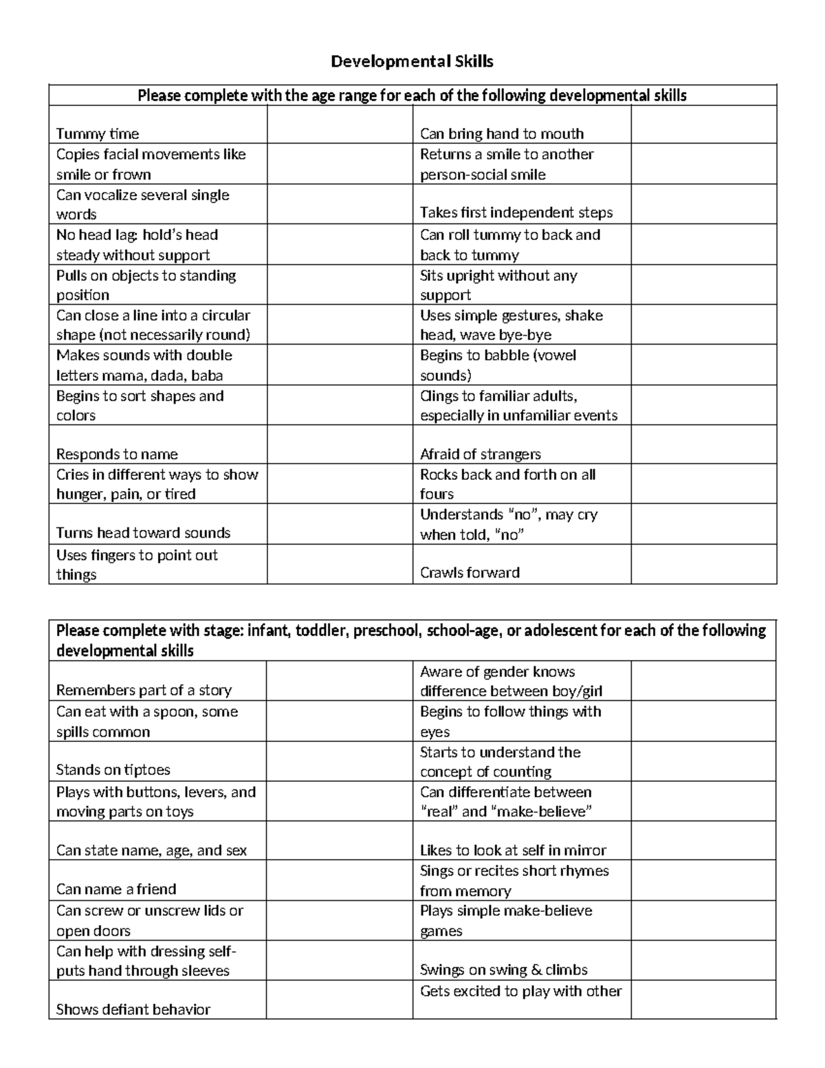 2021 Developmental Skills worksheet - Developmental Skills Please ...