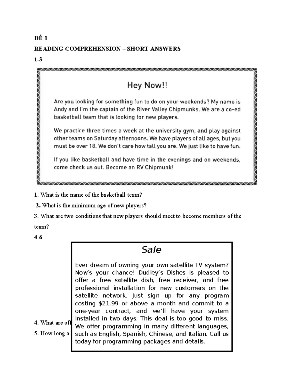 Reading Short Answer ĐỀ 1 - ĐỀ 1 READING COMPREHENSION – SHORT ANSWERS ...