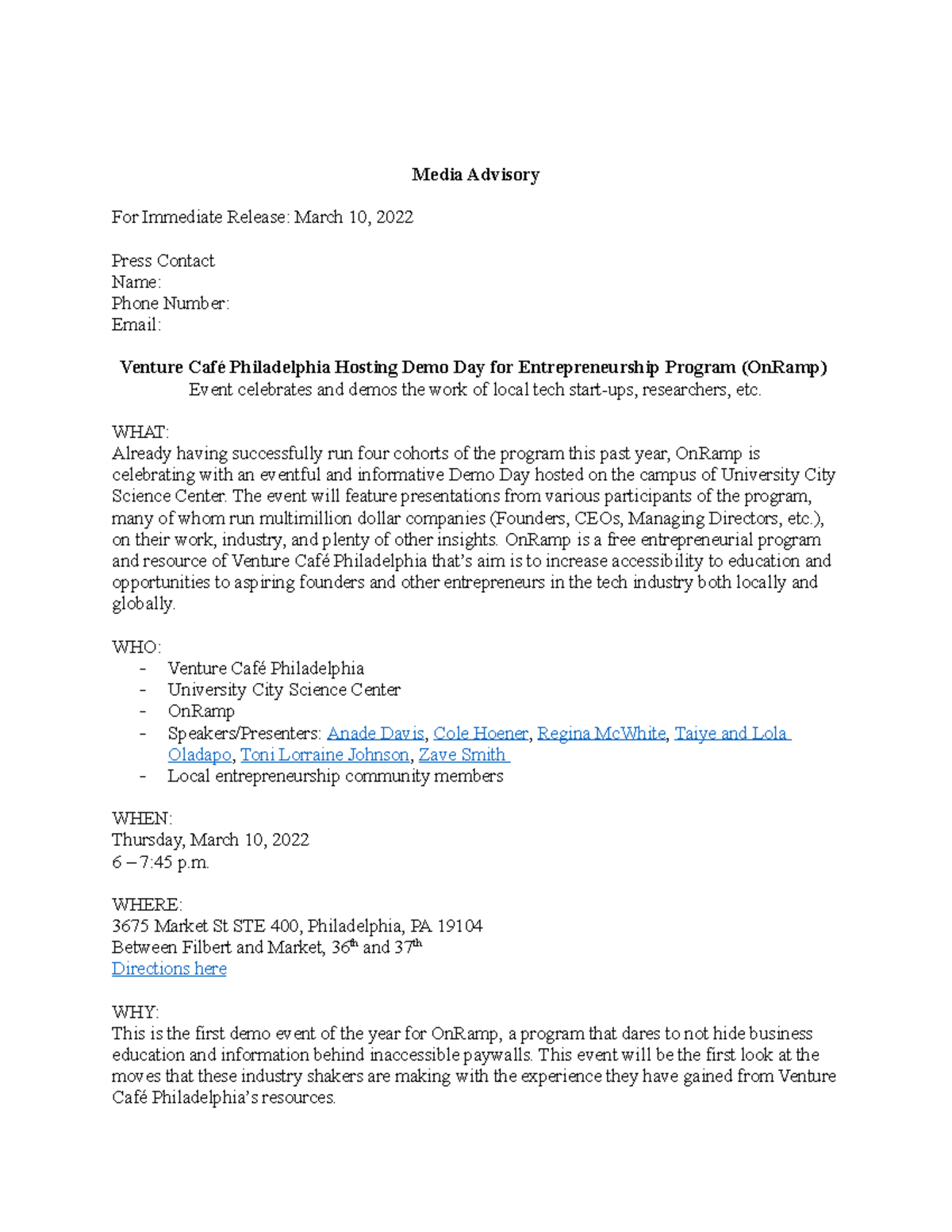 Media Advisory (copy) - Media Advisory For Immediate Release: March 10 ...