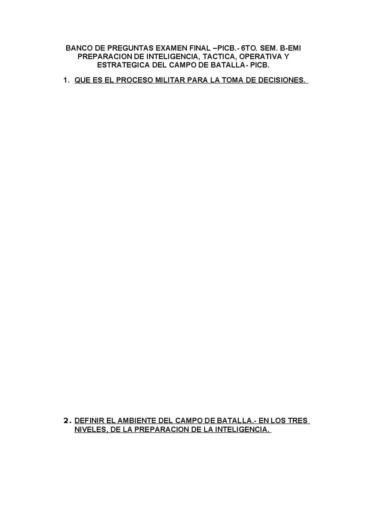 Documento DE Materia Militar - BANCO DE PREGUNTAS EXAMEN FINAL –PICB.- 6TO. SEM. B-EMI ...