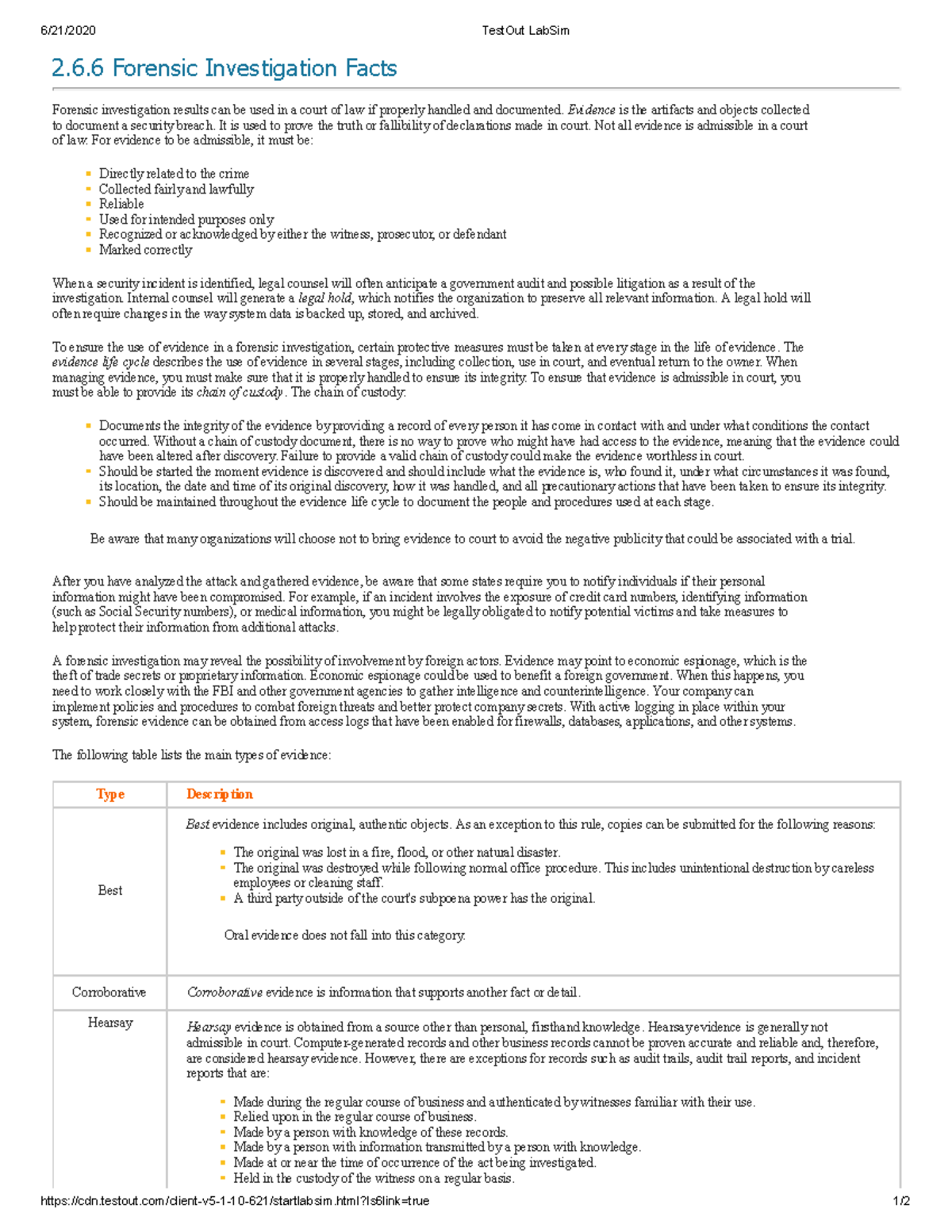 Forensic Investigation Facts - 6/21/2020 TestOut LabSim - Studocu