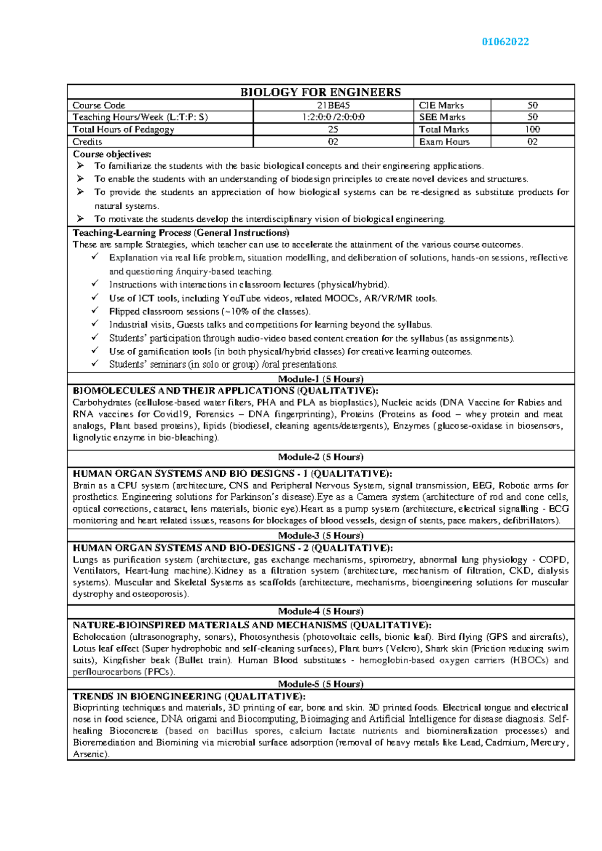 Bio syllabus - 01062022 BIOLOGY FOR ENGINEERS Course Code 21BE45 CIE ...