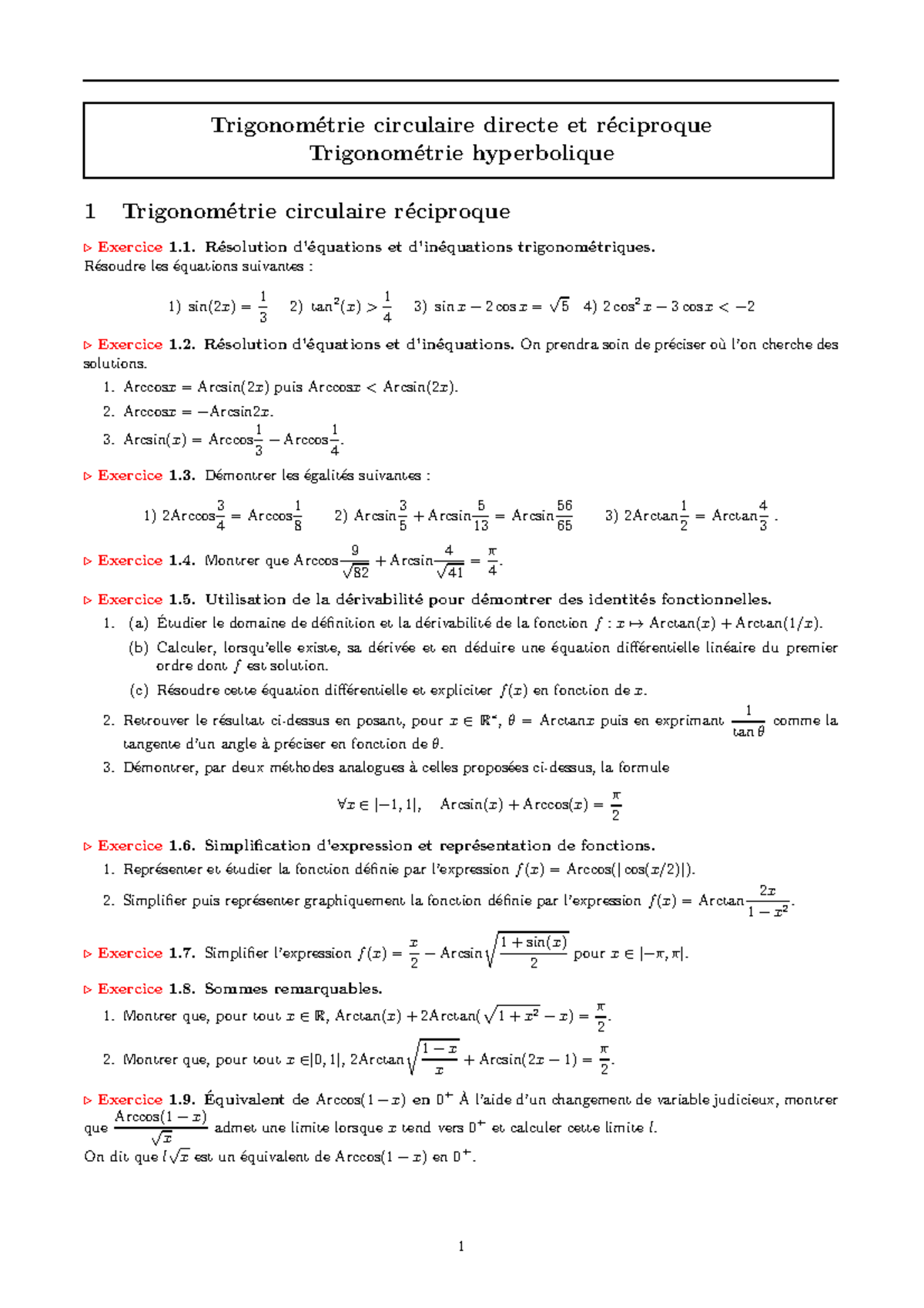 Trigonometrie Reciproque- Lycée Pierre de Fermat 2014/ MPSI 1 TD ...